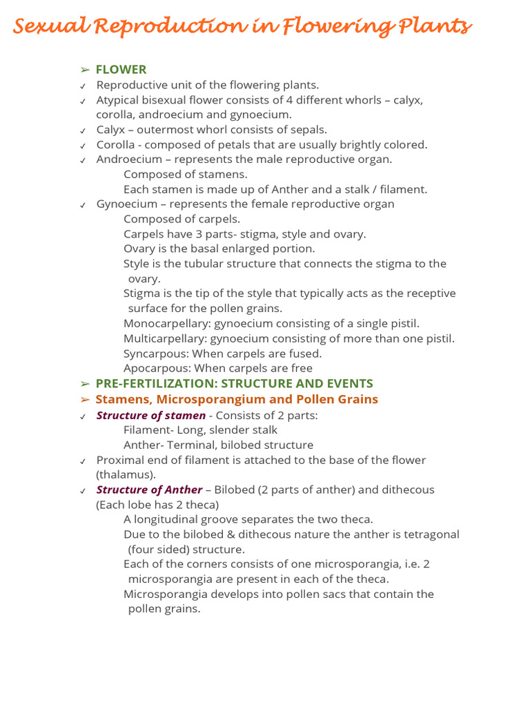 Sexual Reproduction in Flowering Plants NOTES | PDF | Flowers | Seed