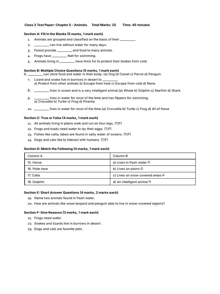 Class 3 Animals Test Paper | PDF