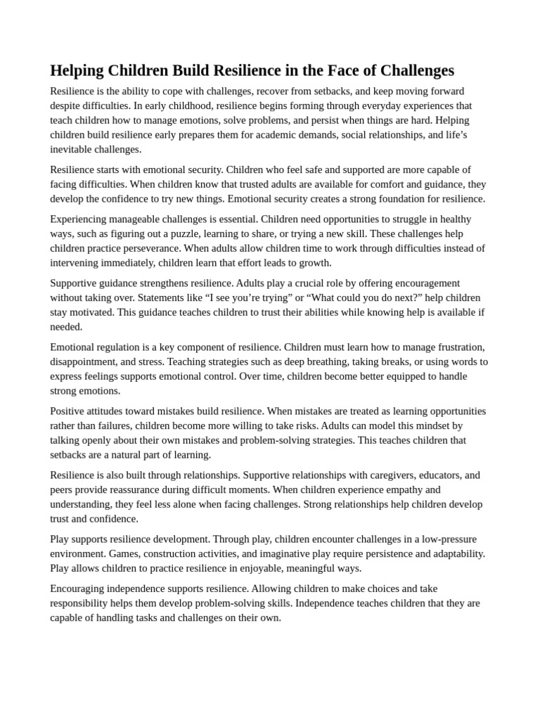 Building Resilience in Children Early | PDF | Psychological Resilience ...