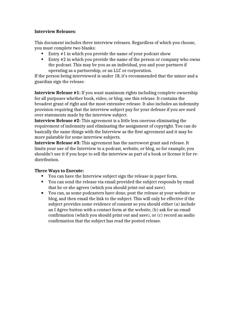 Interview Release Agreement | PDF | License | Copyright