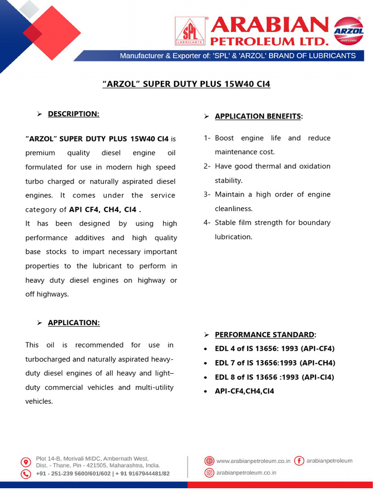 Arzol Superduty Plus 15w40 Ci4 | PDF | Turbocharger | Lubricant