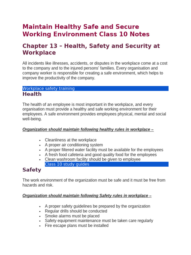 Maintaining A Healthy and Safe Working Environment Notes | PDF ...