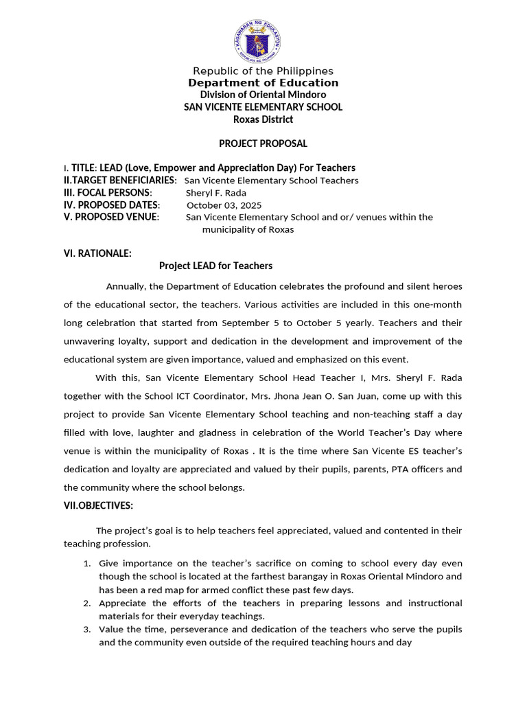 San Vicente ES Project-proposal-For-Teachers Day 2025 | PDF