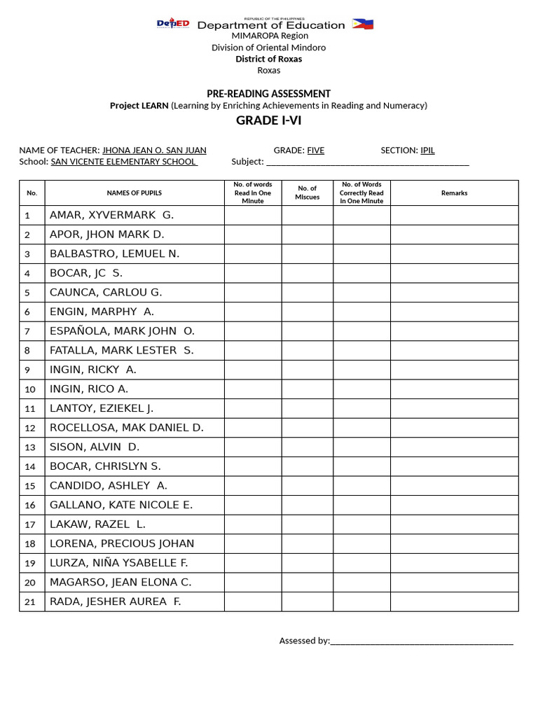 PABASA Pre-Reading Assessment Form | PDF