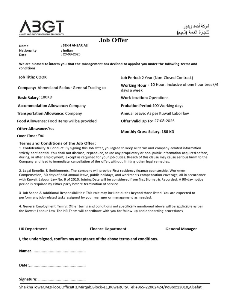 Job Offer for Cook Position in Kuwait | PDF | Labour Law | Contractual Term