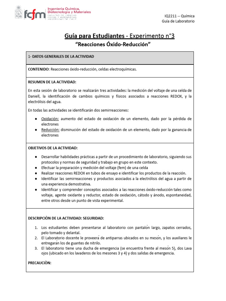 Gu a Para Estudiantes Laboratorio 3 REDOX.docx | PDF | Redox | Laboratorios