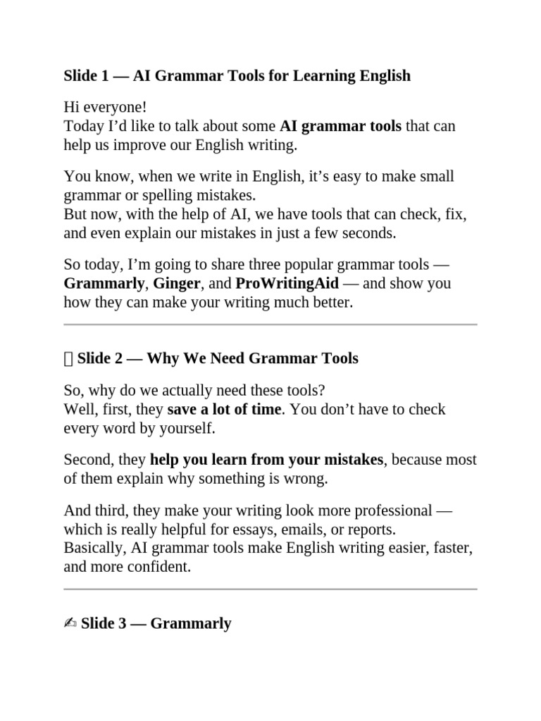 Slide 1 - AI Grammar Tools For Learning English AI Grammar Tools | PDF