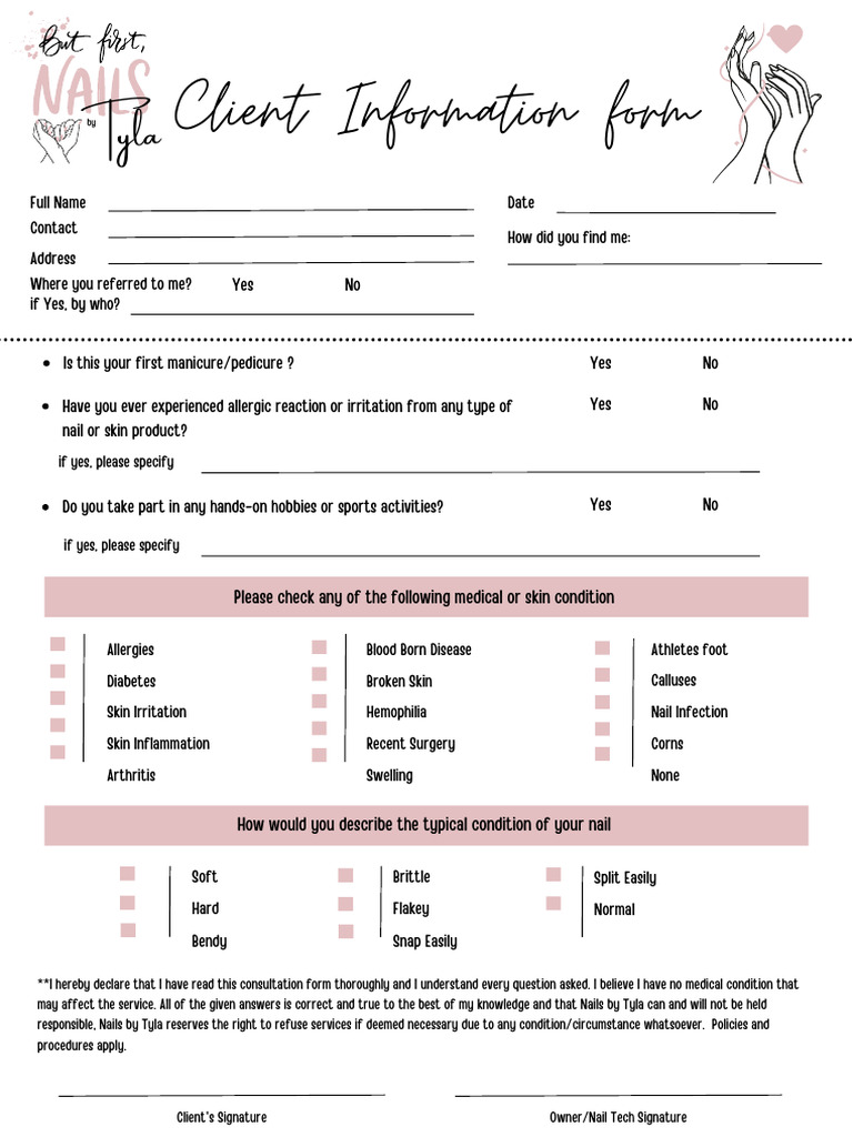 Nail Client Consultation Form | PDF | Allergy | Nail (Anatomy)