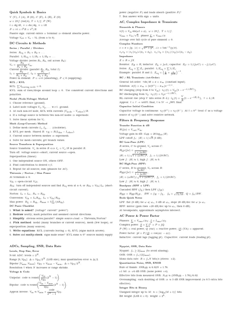 Cheat Sheet For Circuits and Mechatronics | PDF