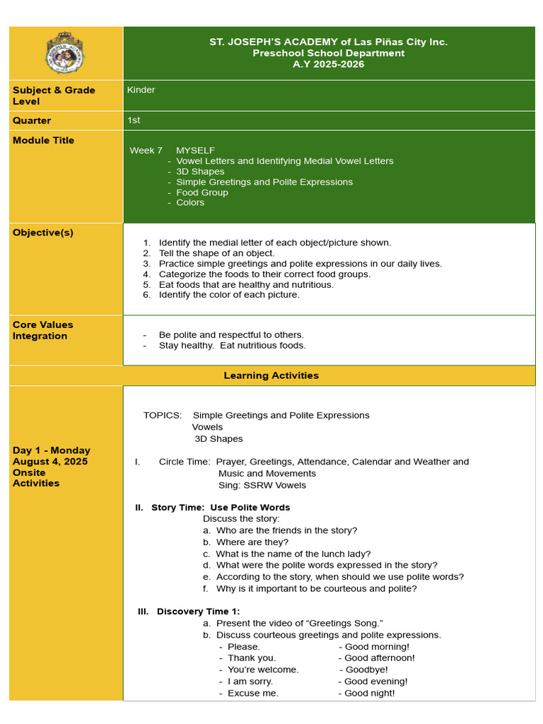 Kinder+Learning+Plan+Week+7+ (Aug+4 +aug+8) | PDF | Foods | Vegetables