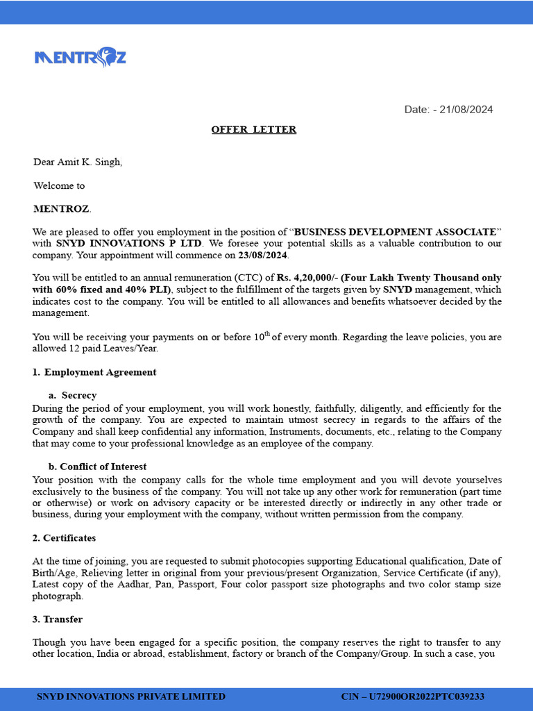 Amit Singh - Bda - Offer Letter - 240821 - 175933 | PDF | Employment ...