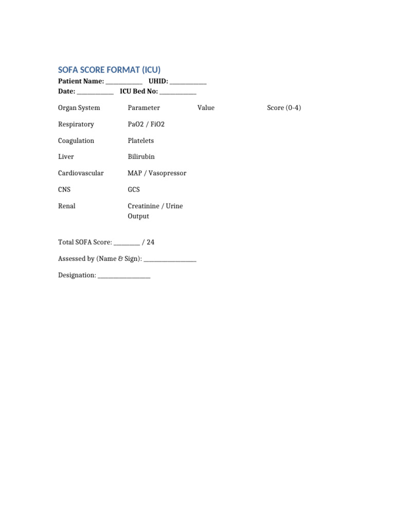 ICU SOFA Score Assessment Template | PDF
