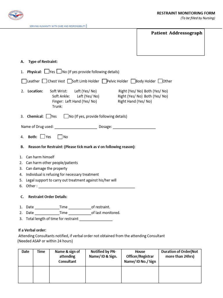 F-Clinical-11 Restraint Monitoring Form | PDF | Patient | Medical ...