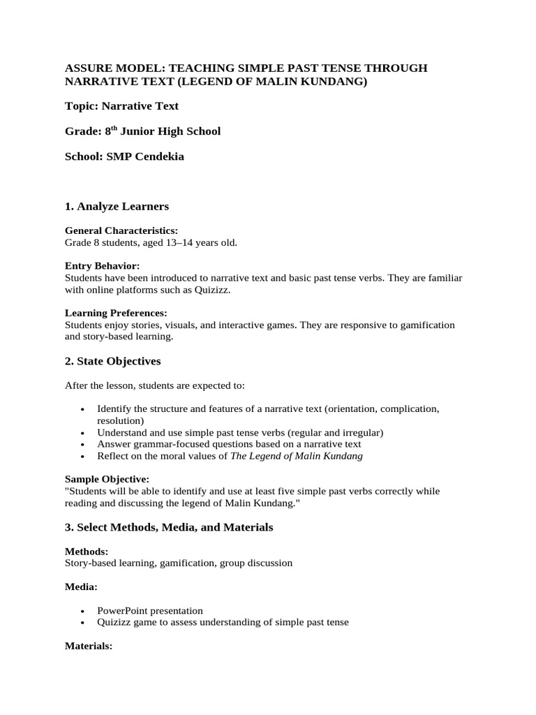 Assure Model Simple Past Through Narrative Text | PDF | Learning ...