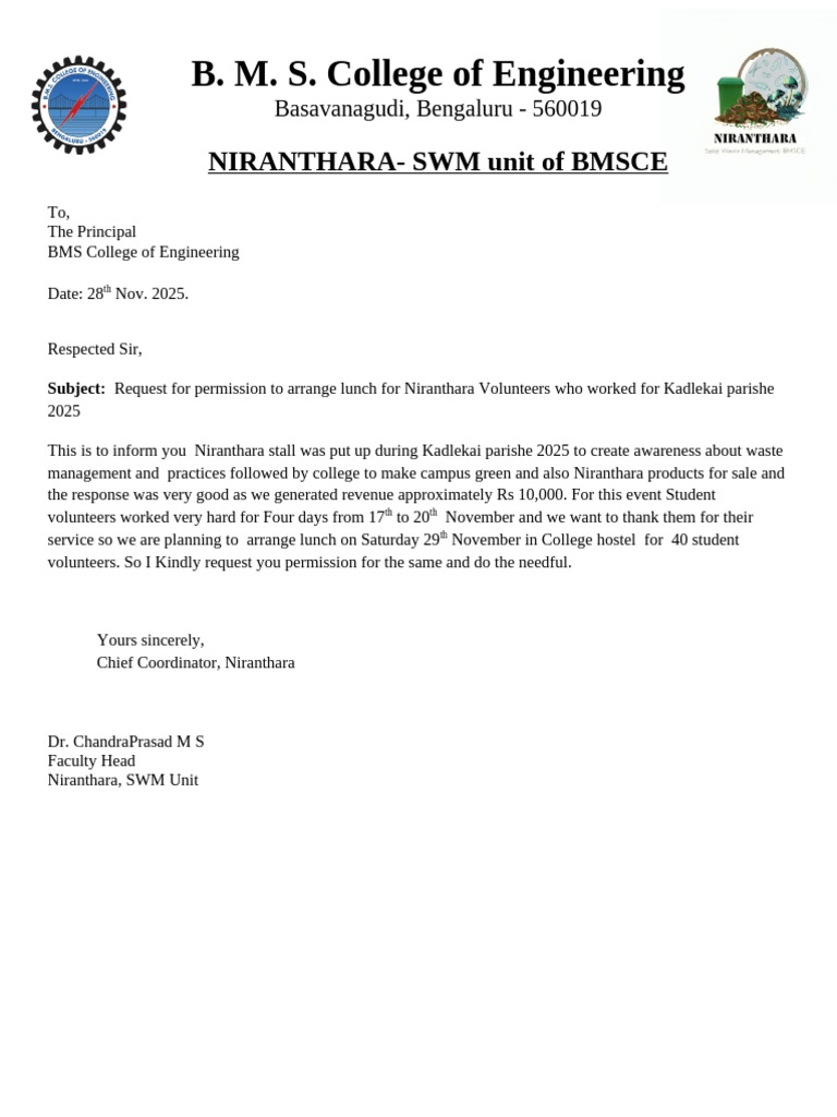 Lunch Request for Niranthara Volunteers | PDF