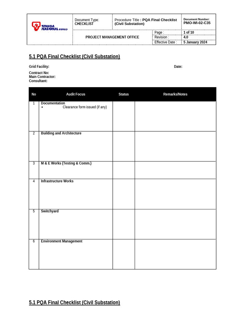 PMO-WI-02-C35 PQA Final Checklist (Civil Substation) | PDF | Switch ...