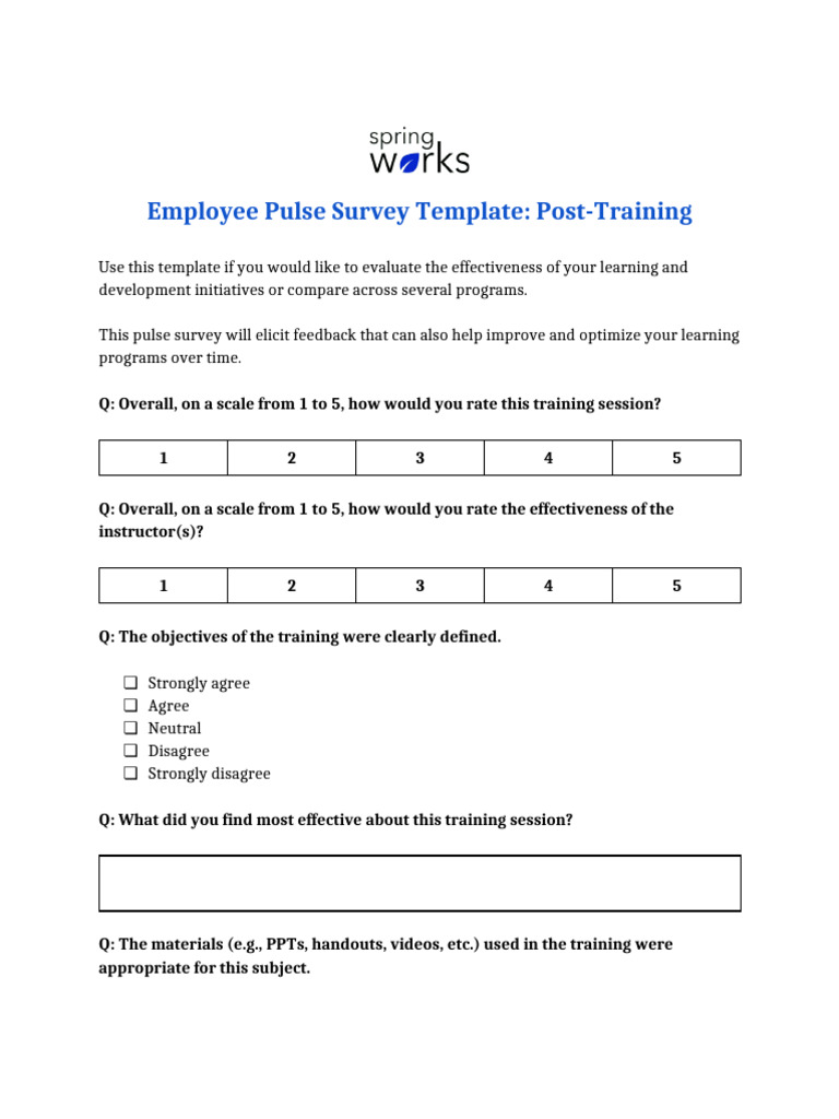 Employee Pulse Survey Template - Post-Training | PDF