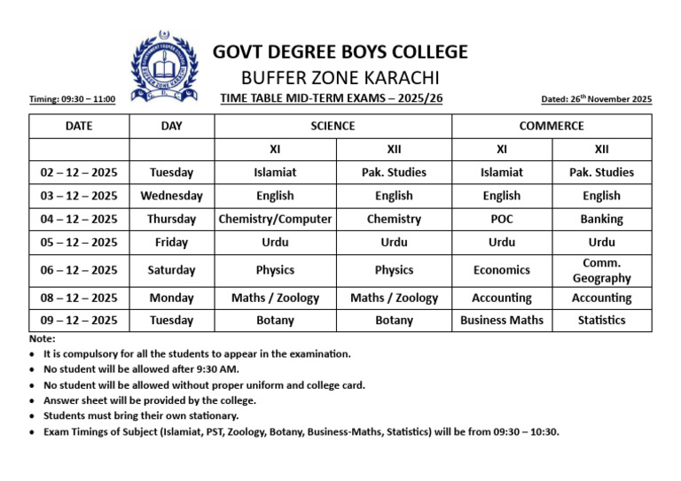 GDBC Midterm Timetable 2025-2026 | PDF