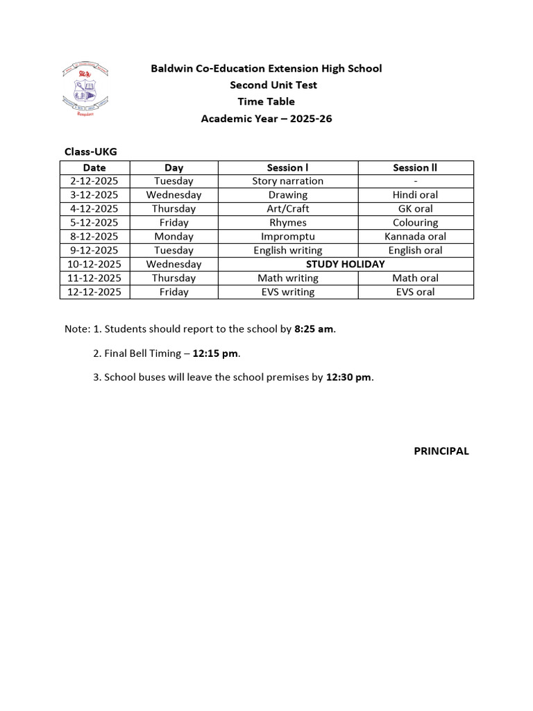 UKG Second Unit Test Time Table 2025 | PDF