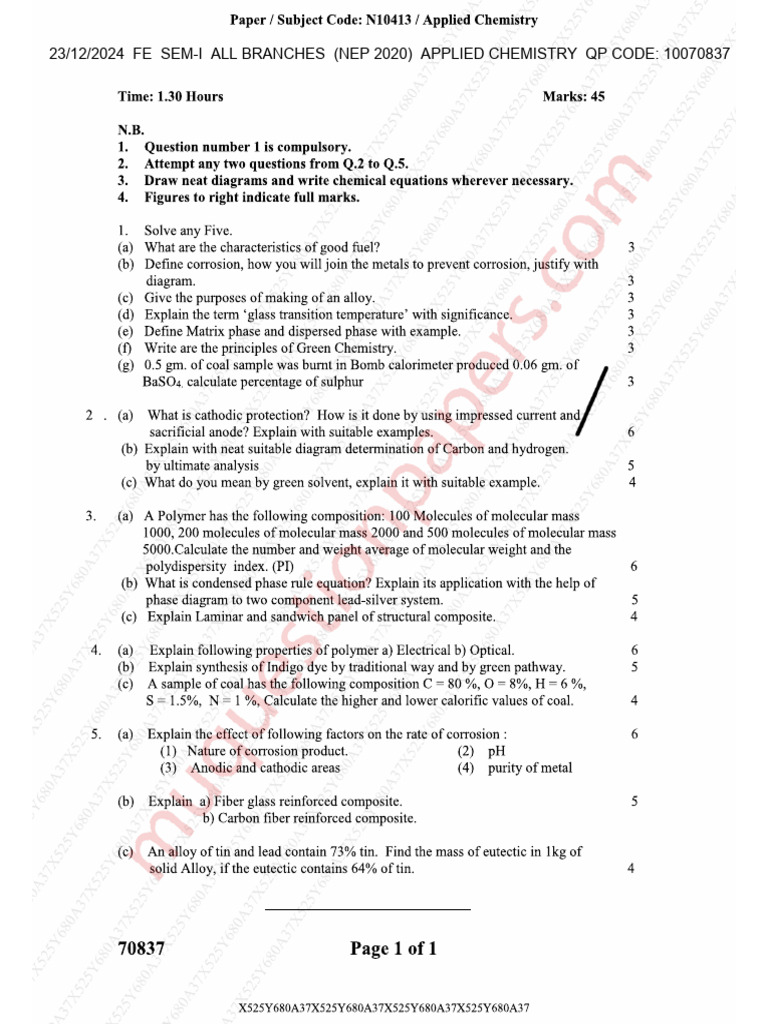 Be First Year Engineering Semester 1 2024 December Applied Chemistry ...