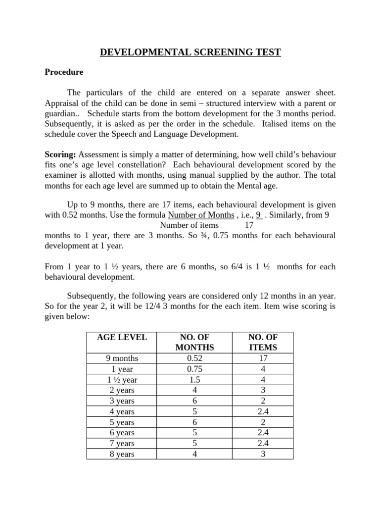 Developmental Screening Test | PDF