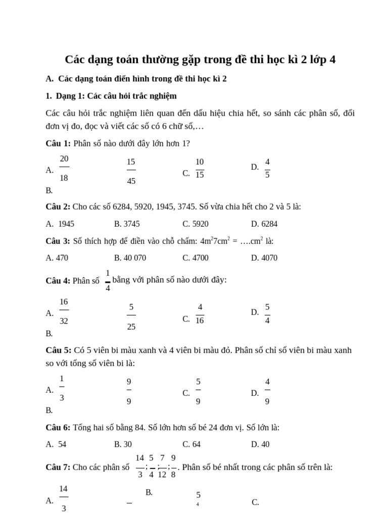 Cac Dang Toan Thuong Gap Trong de Thi Hoc Ki 2 Lop 4 | PDF