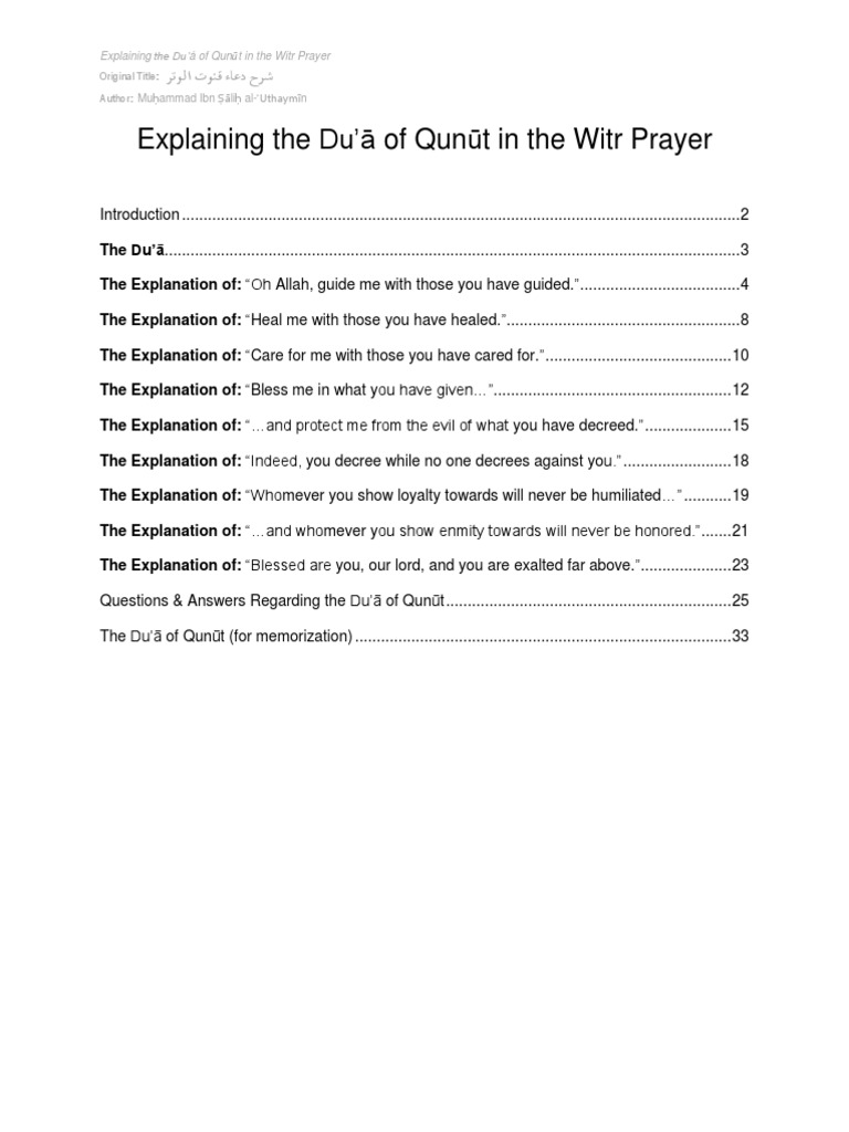 Explaning The Dua of Qunoot in The Witr Prayer | PDF | Sahabah ...