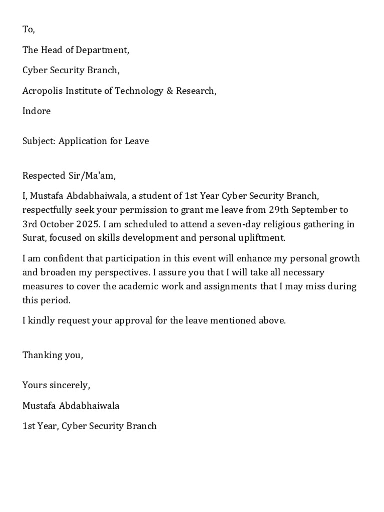 Leave Application for Cyber Security Student | PDF
