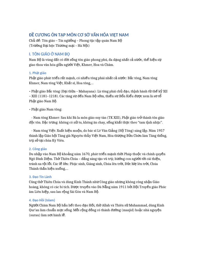 De Cuong Co So Van Hoa Viet Nam Nam Bo CapNhat | PDF