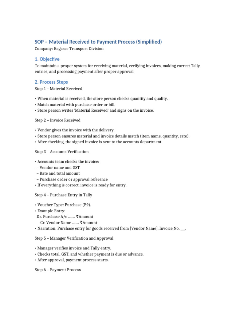 Simplified Material Payment SOP | PDF