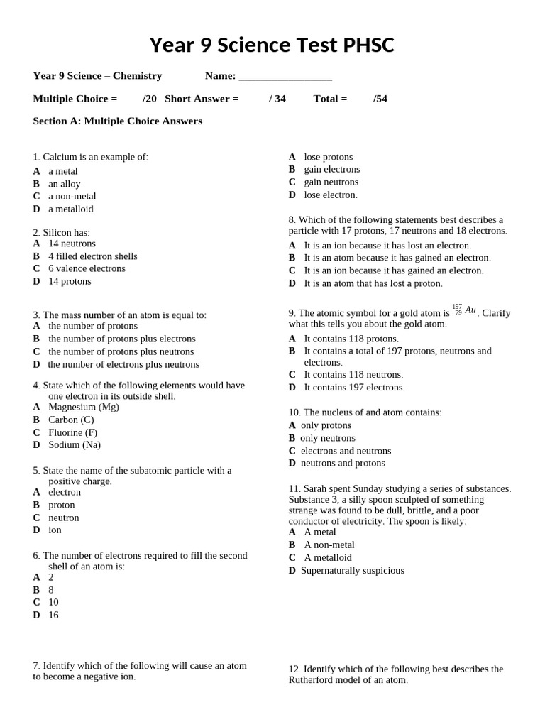 Year 9 Chemistry Test Questions | PDF | Atoms | Proton