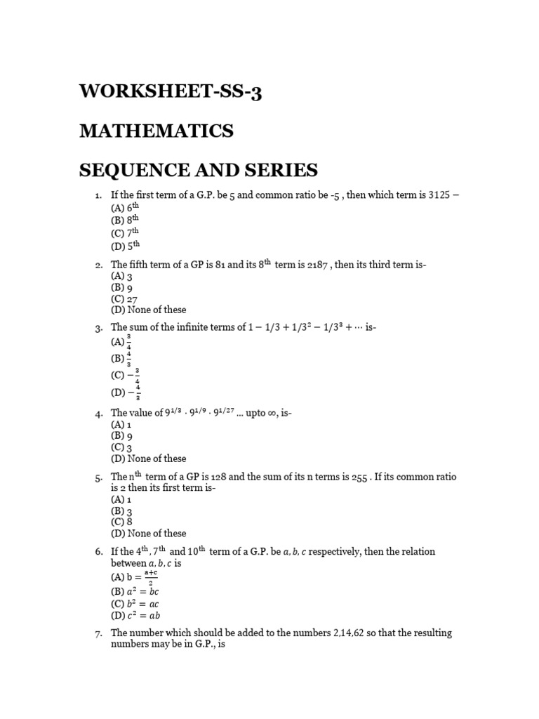 Geometric Progression Worksheet Answers | PDF