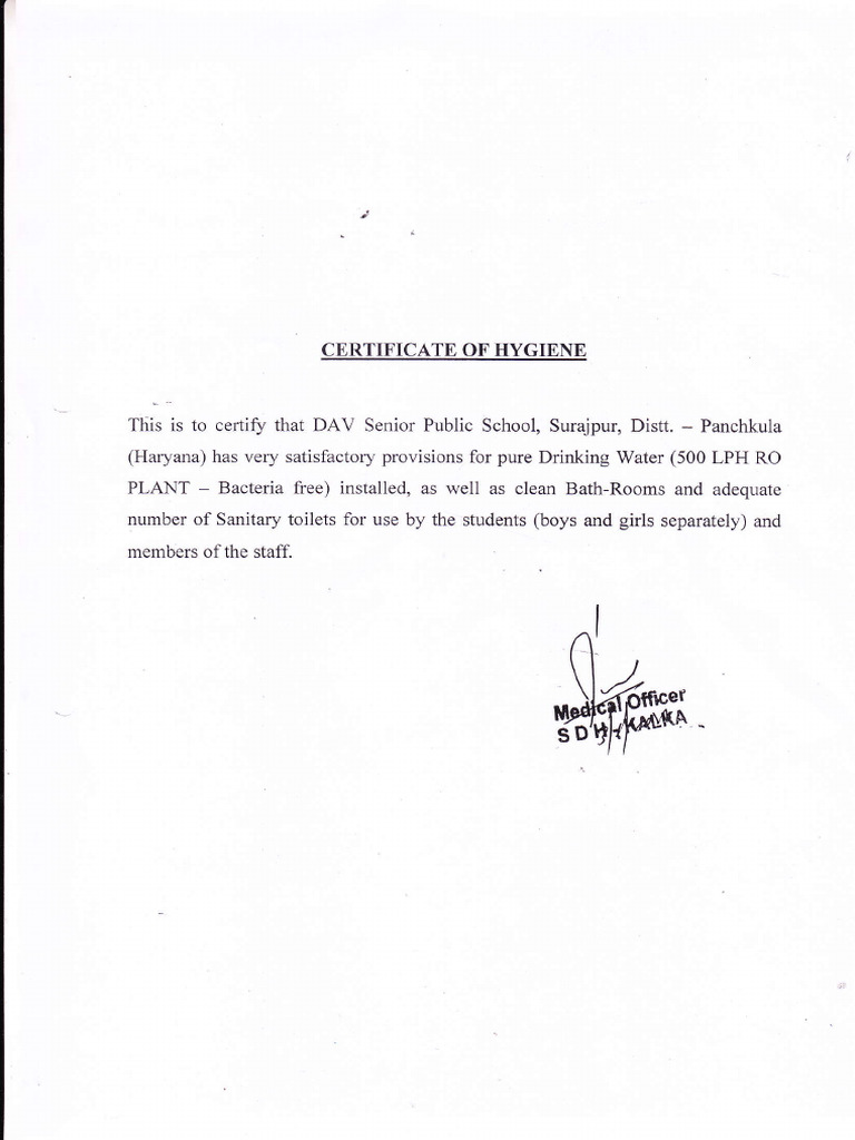 Hygiene Certificate for DAV School | PDF