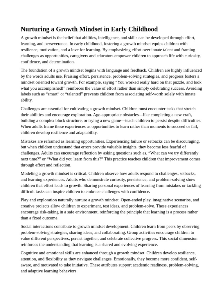 Nurturing A Growth Mindset in Early Childhood | PDF | Mindset | Learning