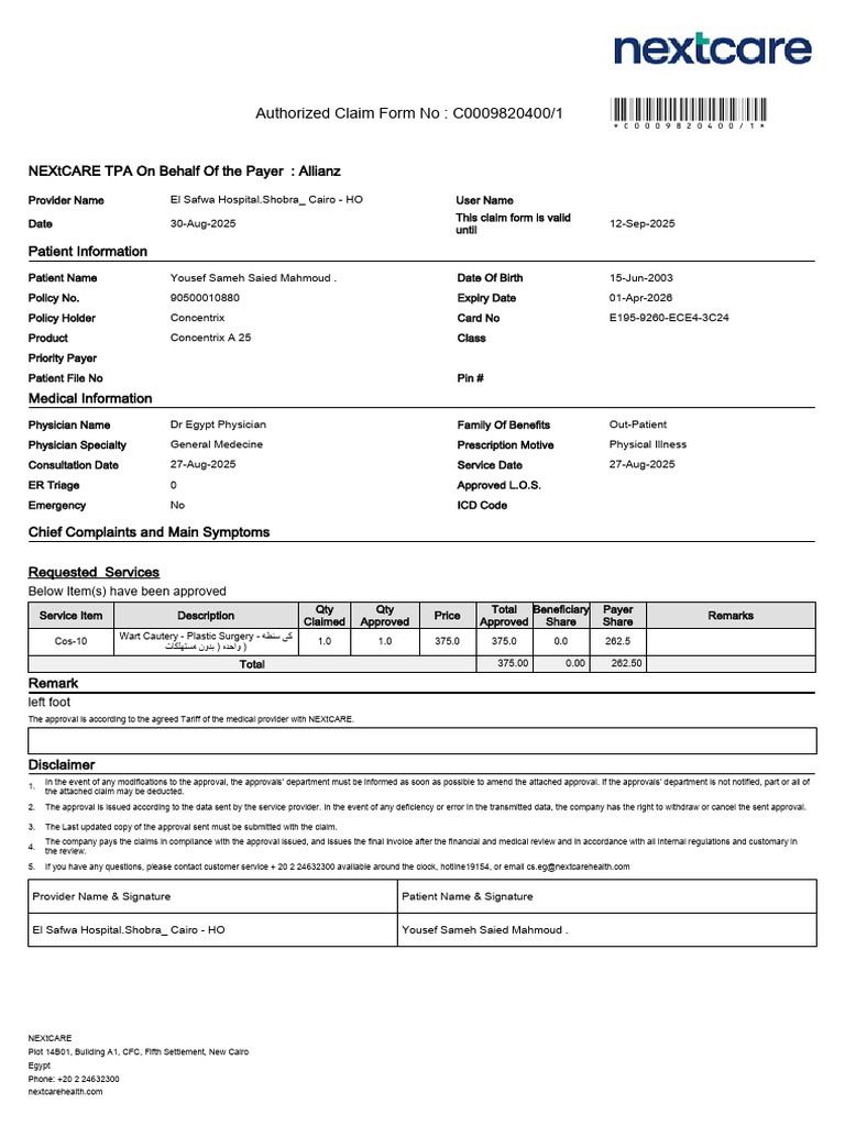 Authorized Claim Form No: C0009820400/1: Nextcare Tpa On Behalf of The ...