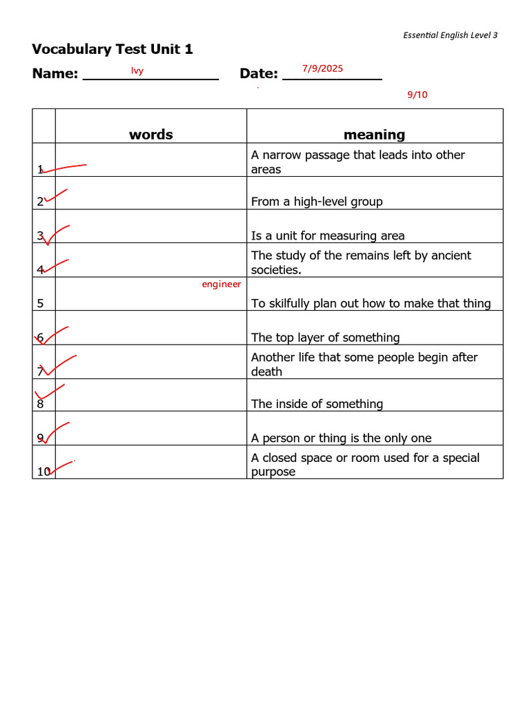 Vocabulary Test Unit 1 | PDF