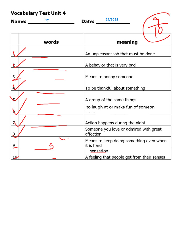 Vocabulary Test Unit 4 | PDF