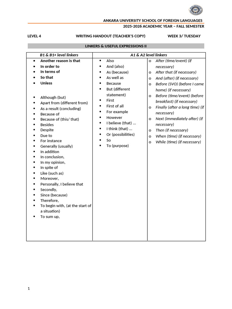 Writing Handout (Linkers and Useful Expressions I) Teachers | PDF ...