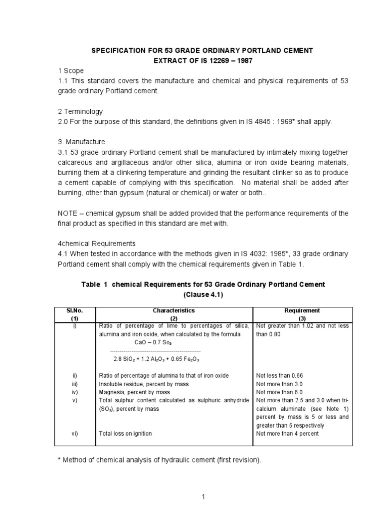 Specification For 53 Grade Ordinary Portland Cement | PDF | Materials ...