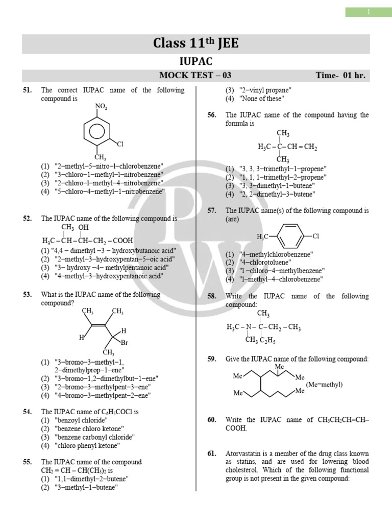 JEE Class 11 IUPAC Mock Test 03 | PDF | Alkene | Carboxylic Acid
