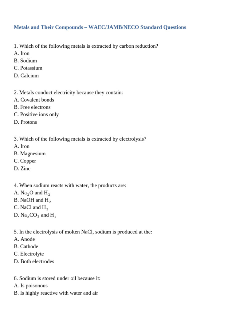 Metals and Their Compounds Questions Final | PDF