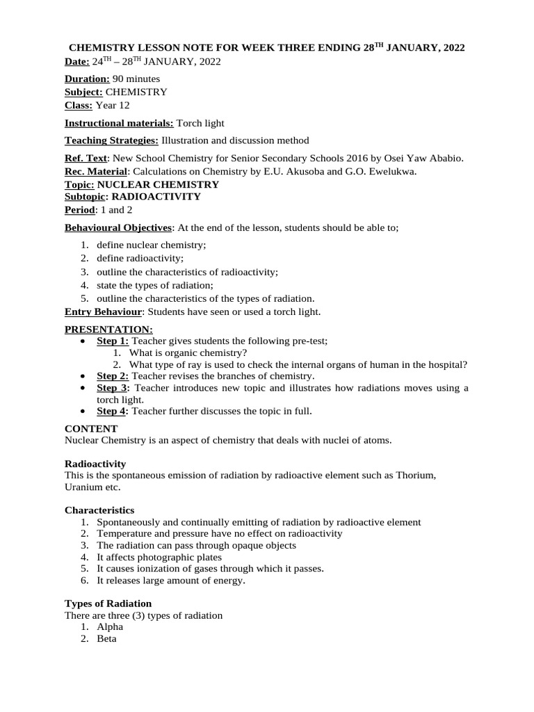 Chemistry Lesson Note For Nuclear Chemistry Year 12 | PDF | Radioactive ...