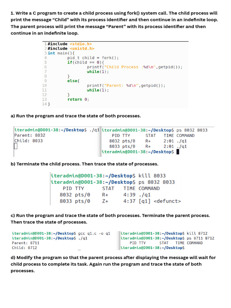 Write A C Program To Create A Child Process Using Fork System Call. The ...