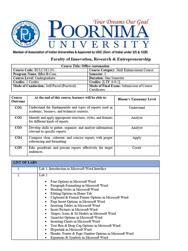 Office Automation Course for BBA/B.Com. | PDF | Microsoft Excel ...