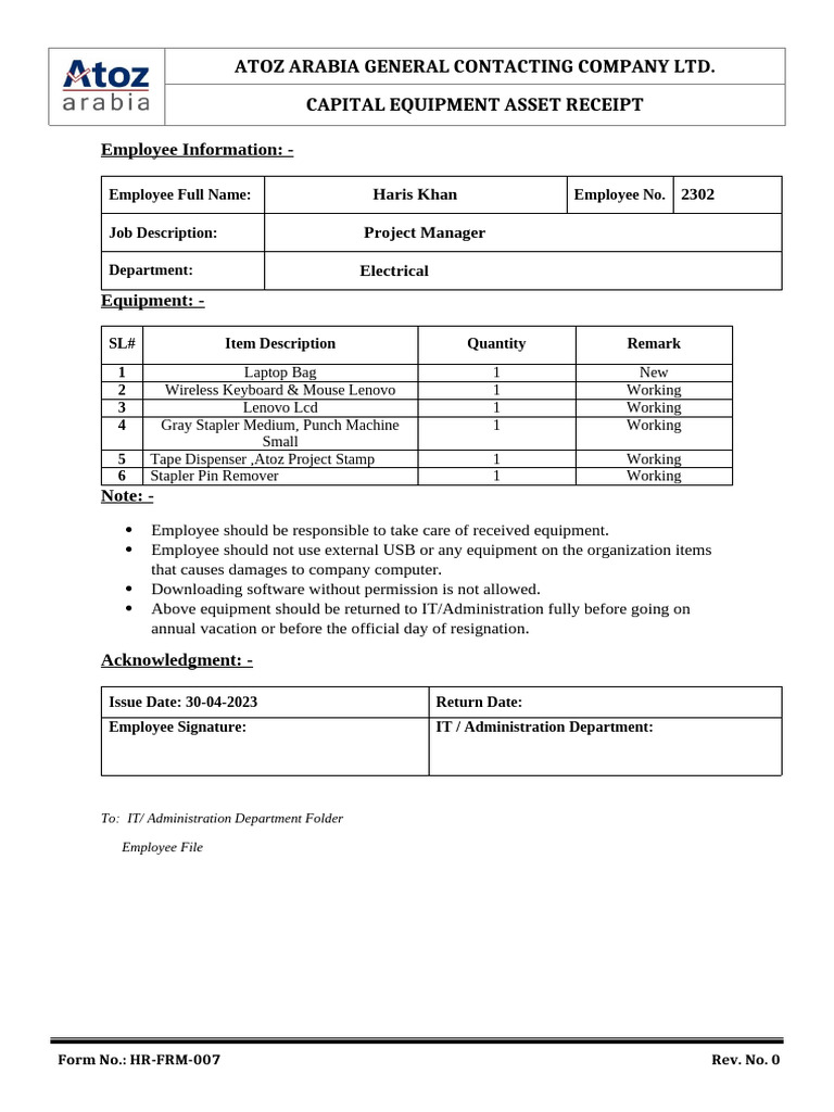 Capital Equipment Asset Receipt Form - Haris New 2023 | PDF