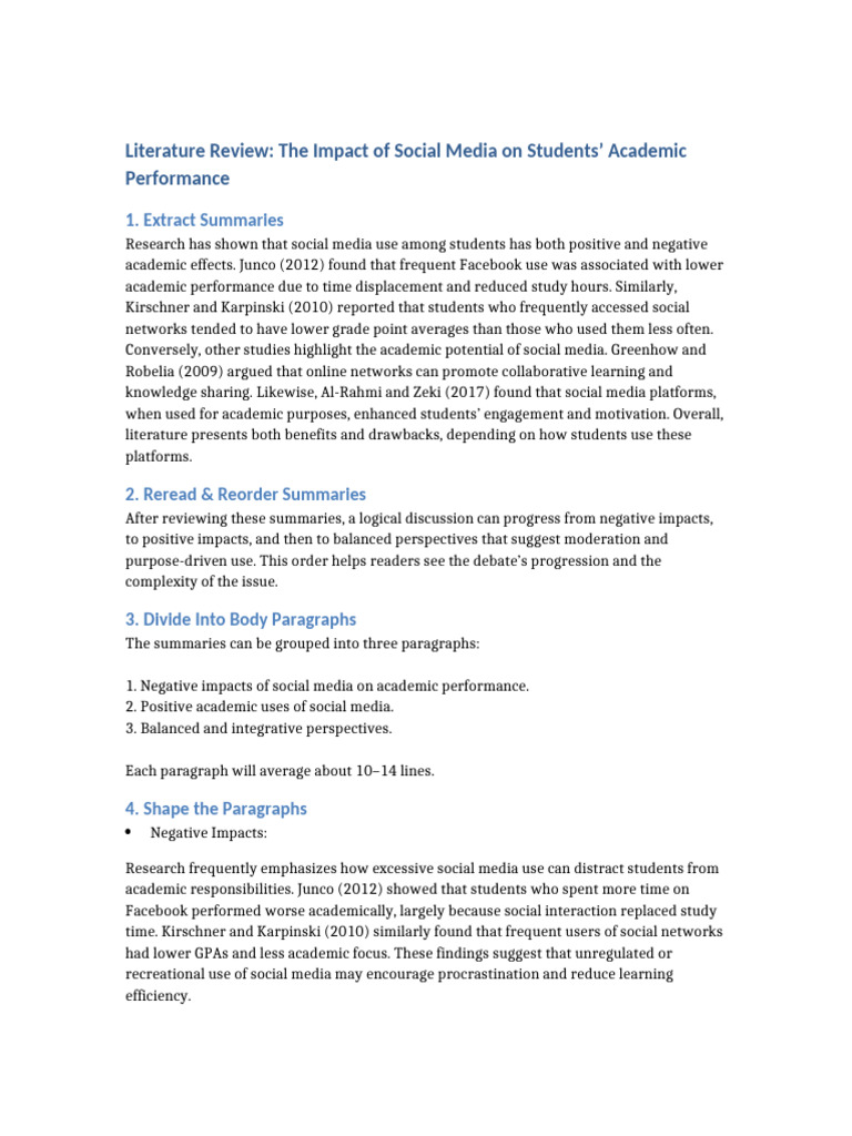 Literature Review Social Media Academic Performance | PDF | Social ...