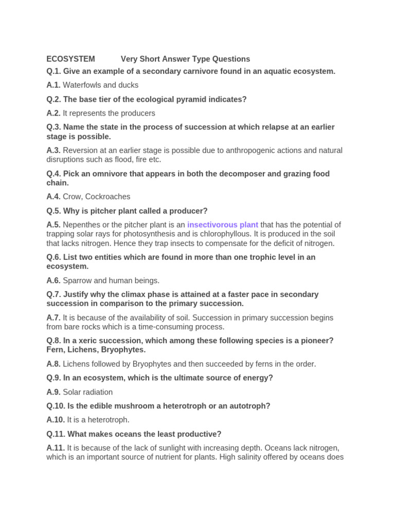 ECOSYSTEM Very Short Answer Type Questions | PDF | Ecosystem | Food Web