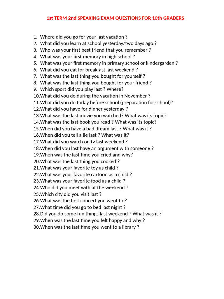 10th Grade 1st Term 2nd Speaking Exam Questions | PDF