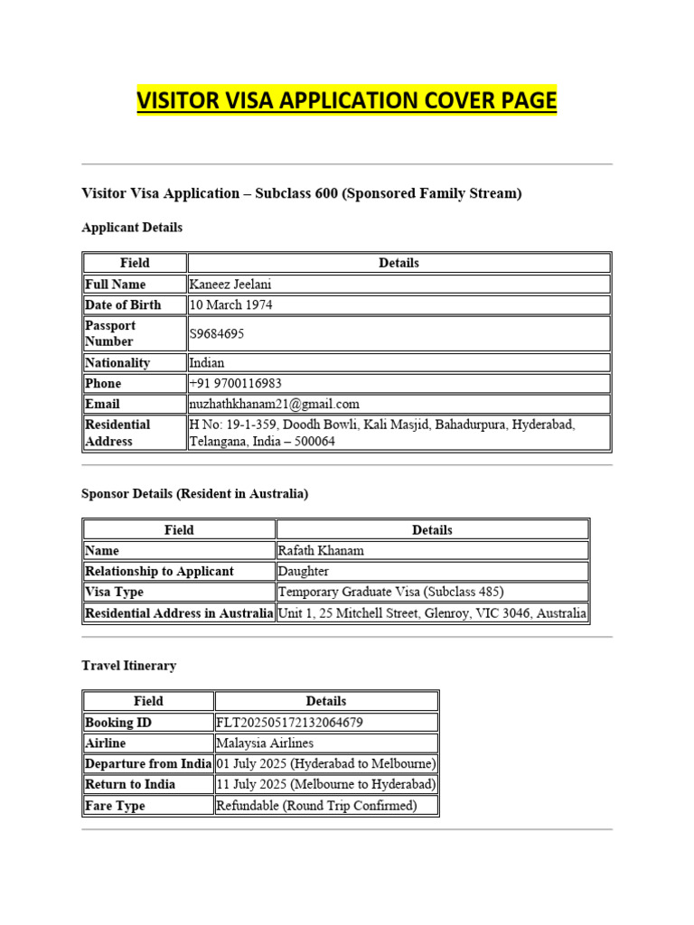 Visitor Visa Application Cover Page | PDF