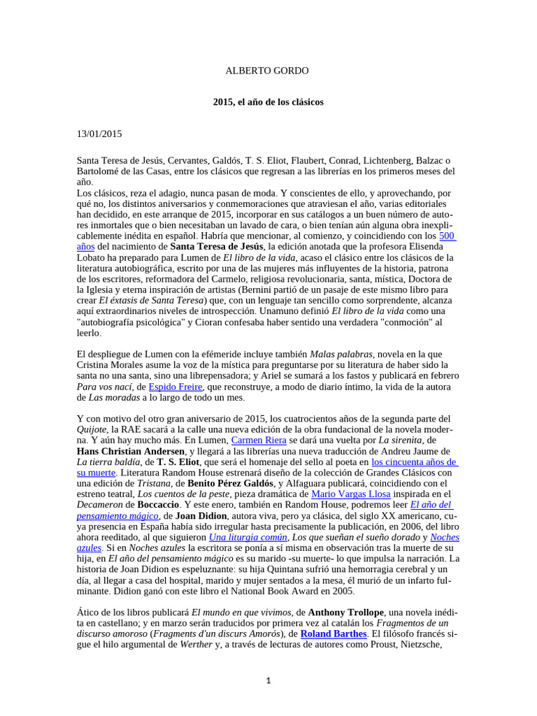 ALBERTO GORDO 2015, El Año de Los Clásicos 130115 | PDF | Novelas